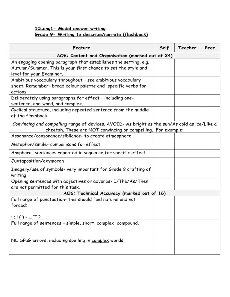Grade 9 Flashback Writing Worksheet
