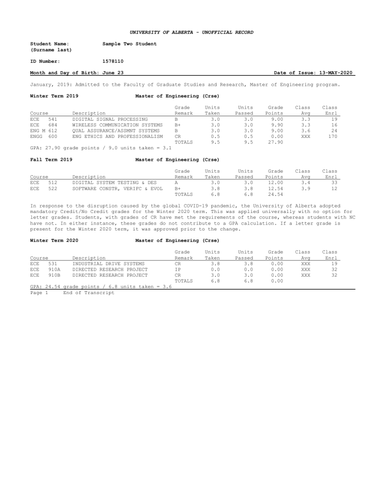 University of Alberta Unofficial Transcript - Sample Two Student