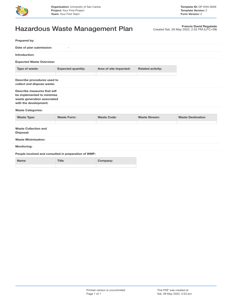 Hazardous Waste Management Plan Template