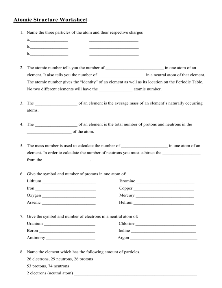 Atomic Structure worksheet