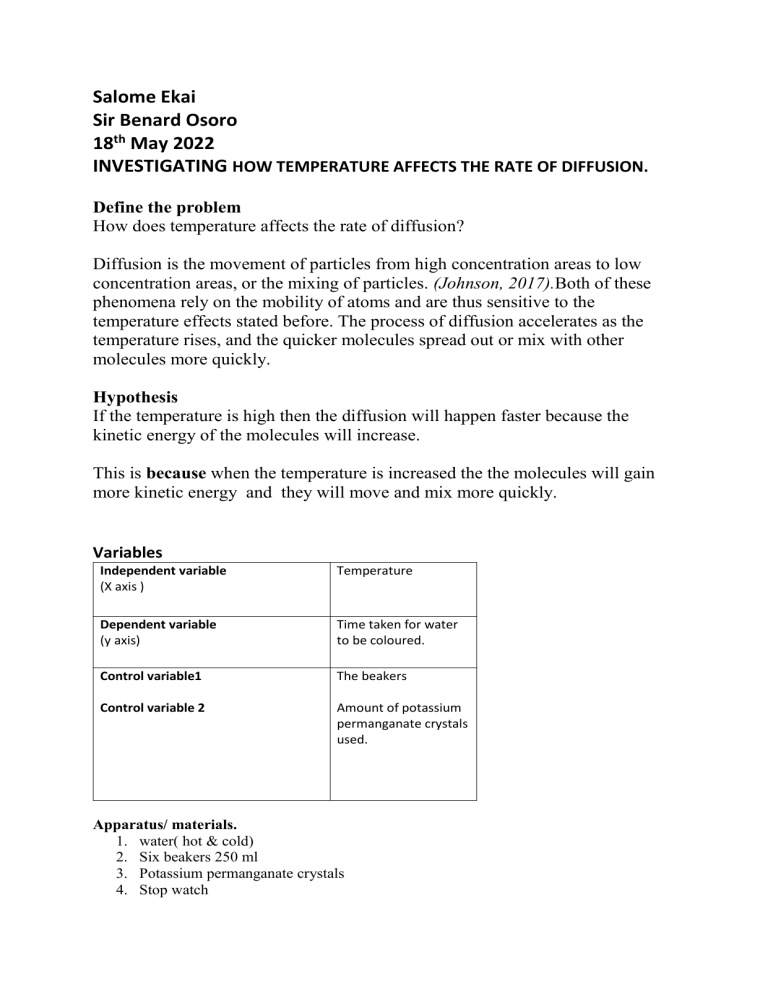 Diffusion Rates & Temperature Lab Report