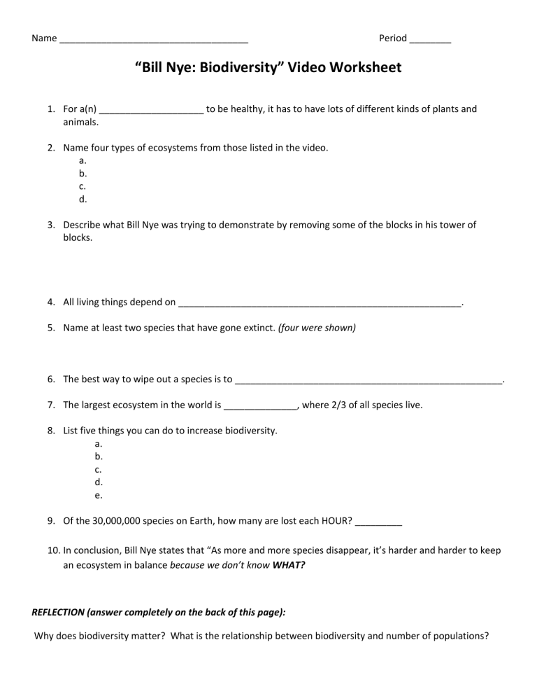 Bill Nye Biodiversity Worksheet: Ecosystems & Extinction