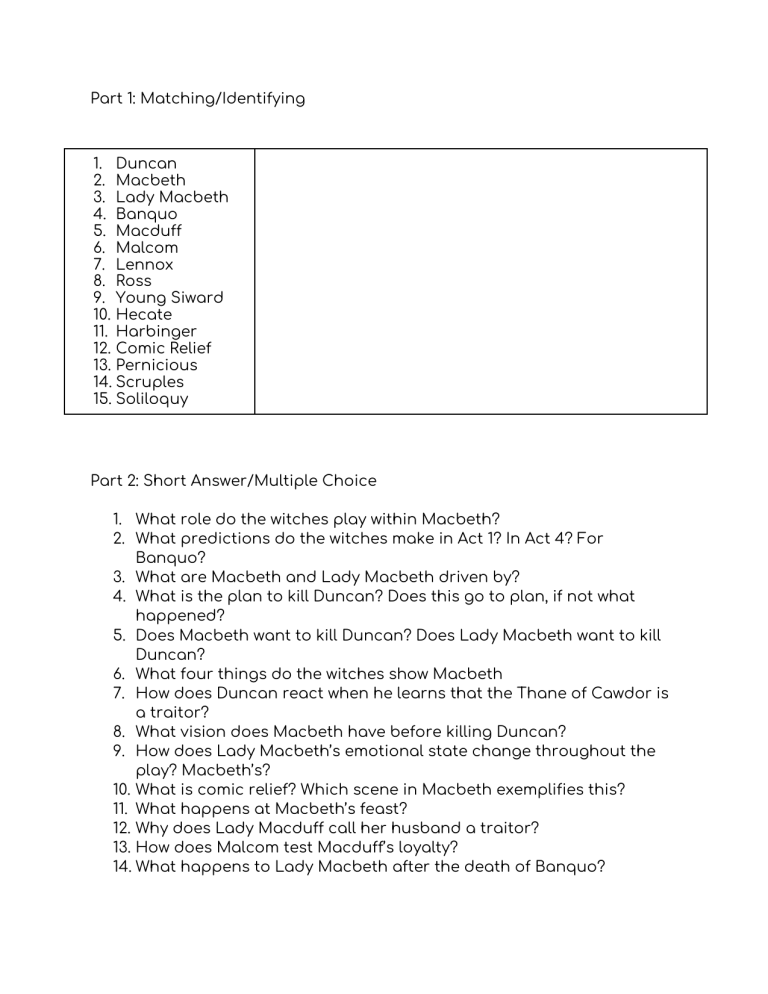 Macbeth Unit Test Study Guide 2022