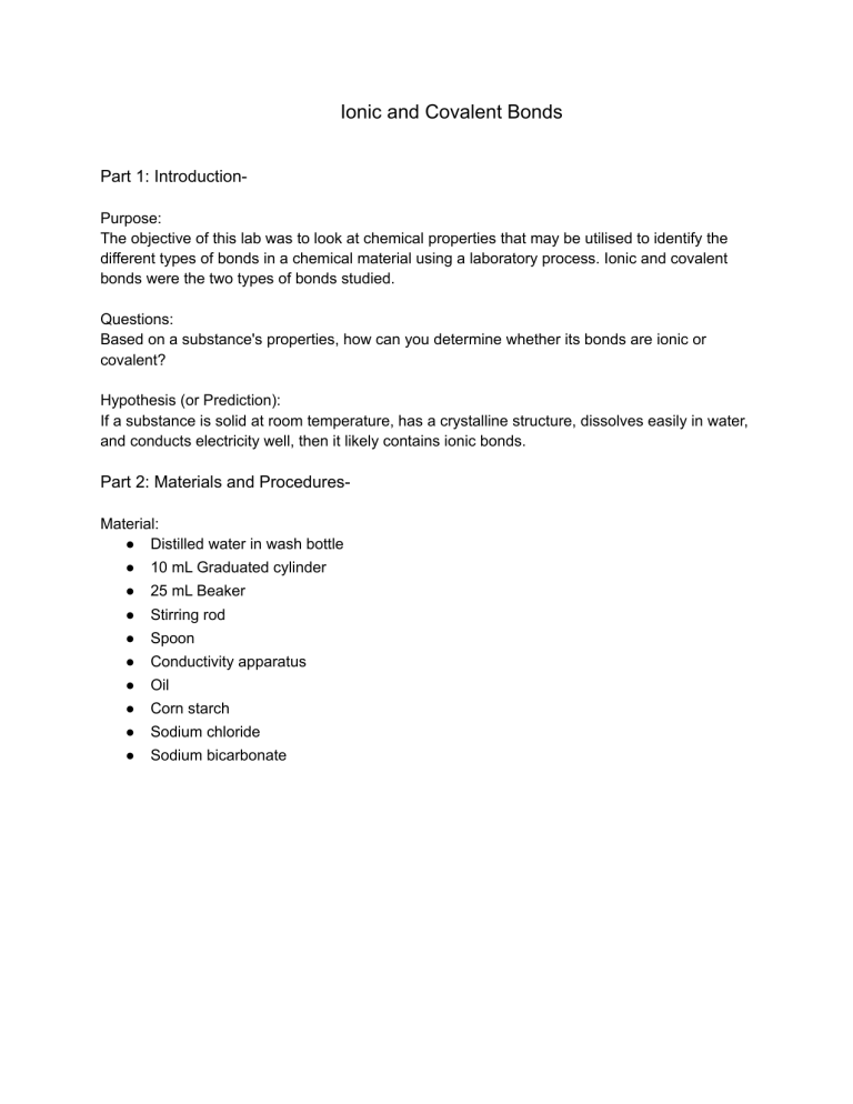 Ionic & Covalent Bonds Lab Report: Properties & Identification