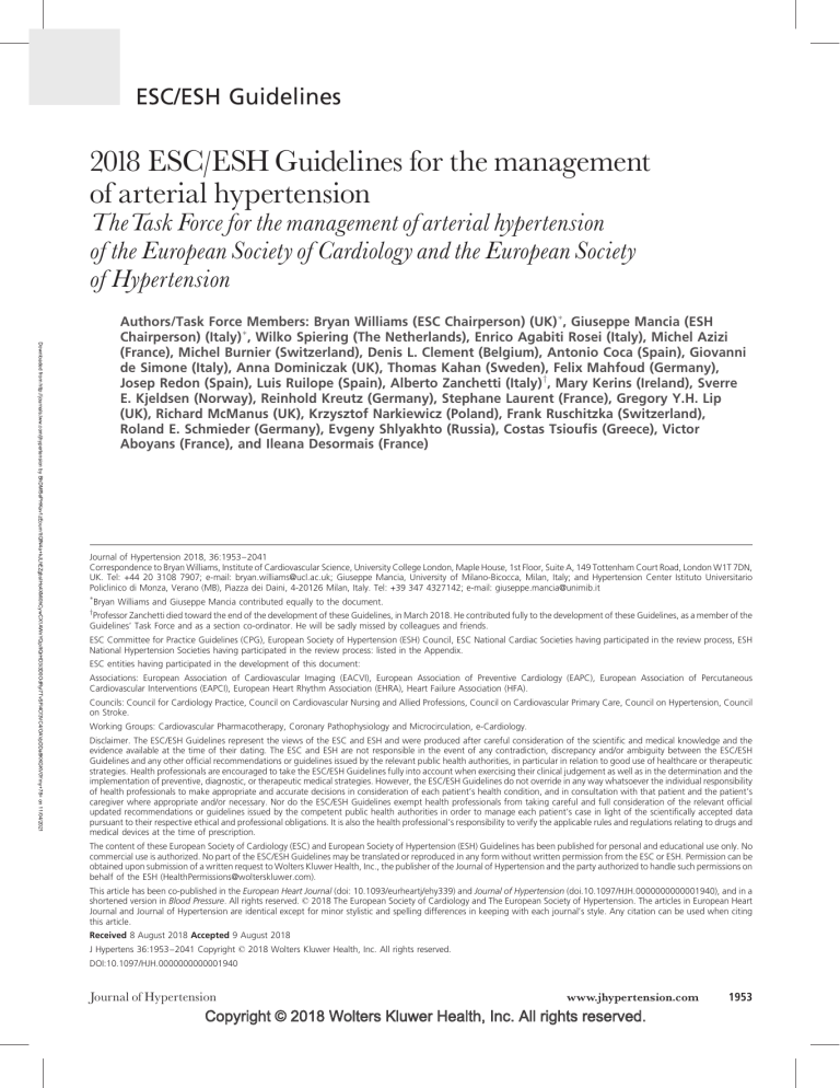 2018 ESC ESH Guidelines for the management of arterial hypertension
