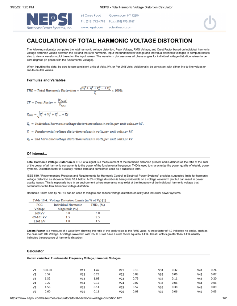 NEPSI - Total Harmonic Voltage Distortion Calculator NEPSI - Total Harmonic Voltage Distortion Calculator