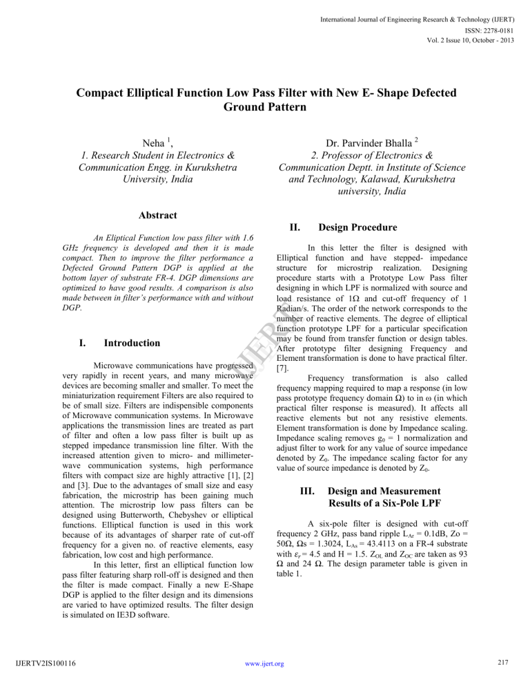 Compact Elliptical Filter Design with E-Shape DGP