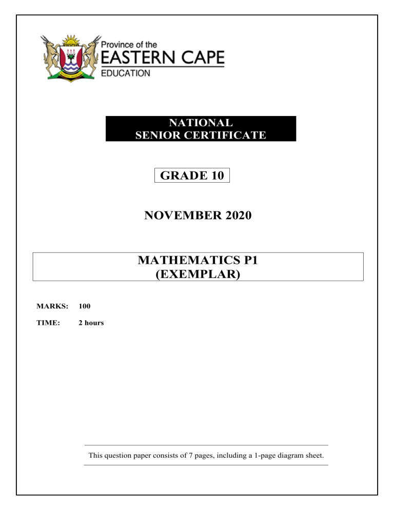 2020 GRADE 10 EC EXEMPLAR MATH PAPER 1 1 2020 GRADE 10 EC EXEMPLAR MATH PAPER 1 1