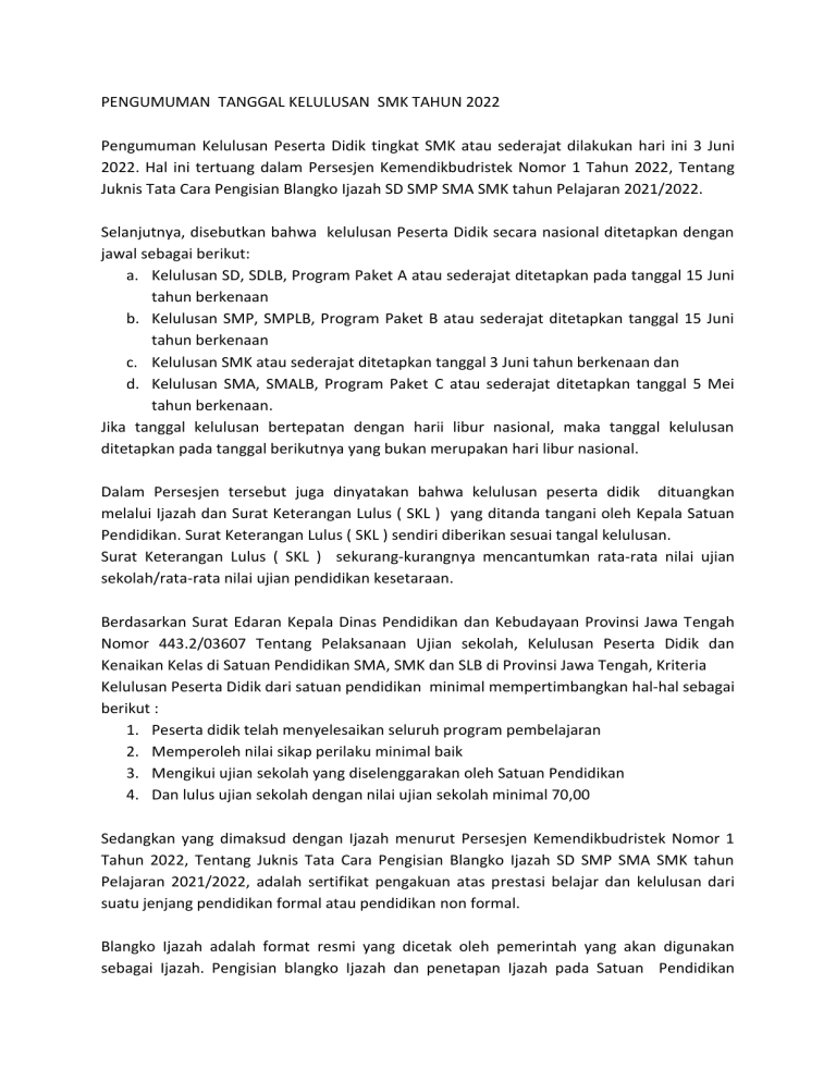 PENGUMUMAN TANGGAL KELULUSAN SMK TAHUN 2022