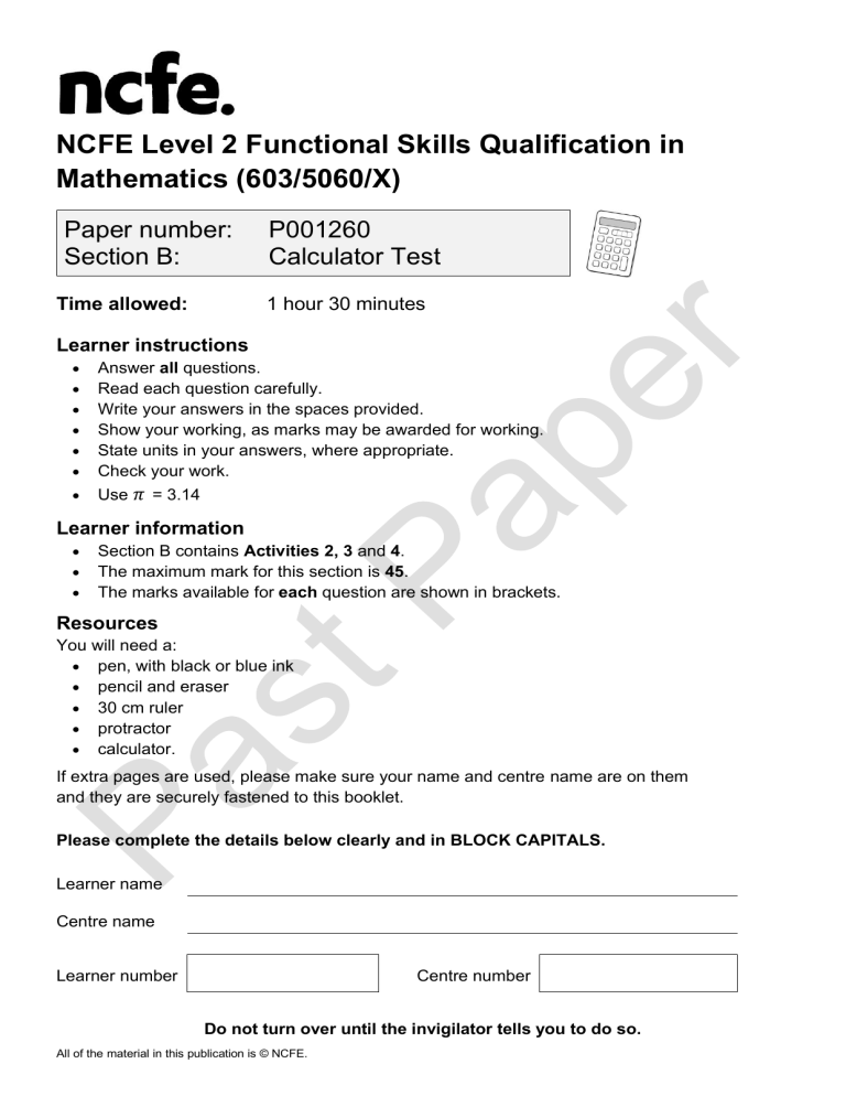 NCFE Maths Level 2 Feb 2020 Section B