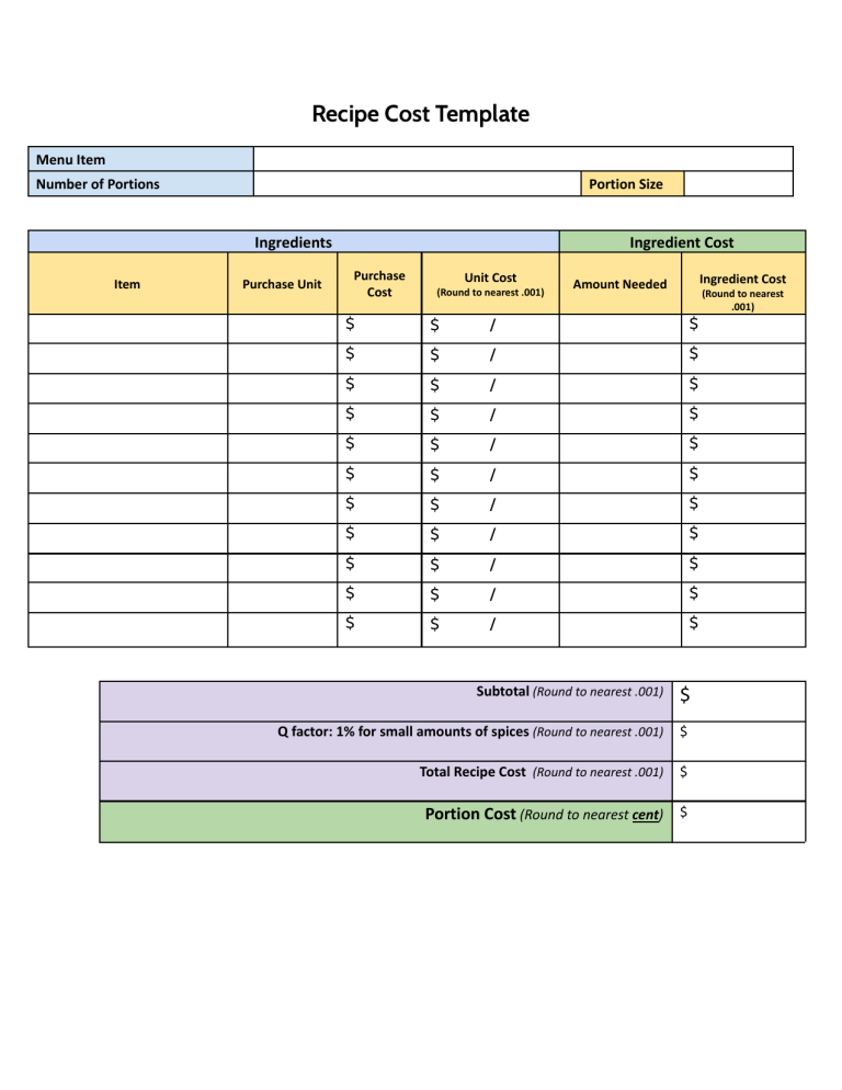 Recipe Cost Template: Calculate Food Costs
