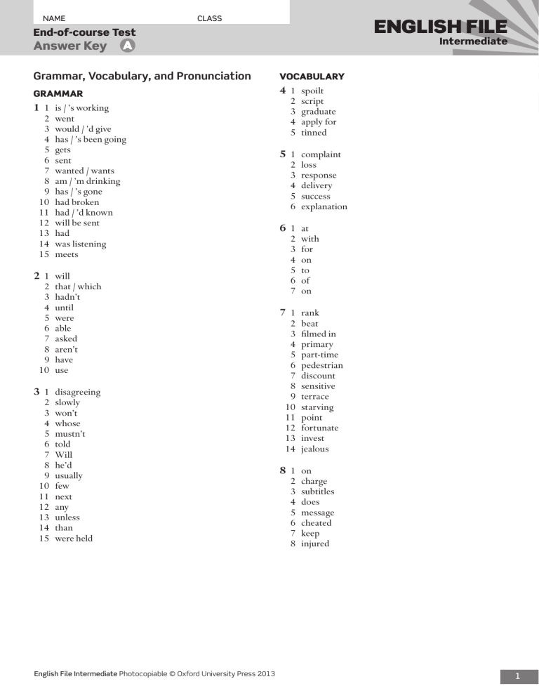 English File Intermediate Test Answer Key