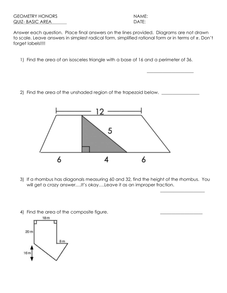 Geometry Honors Quiz: Basic Area Calculations