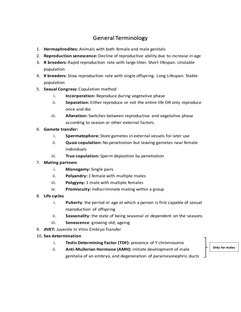 ANSC3102 Animal Reproduction General Terminology