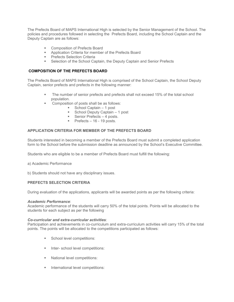 BCK PREFECT ROLE AND SELECTION