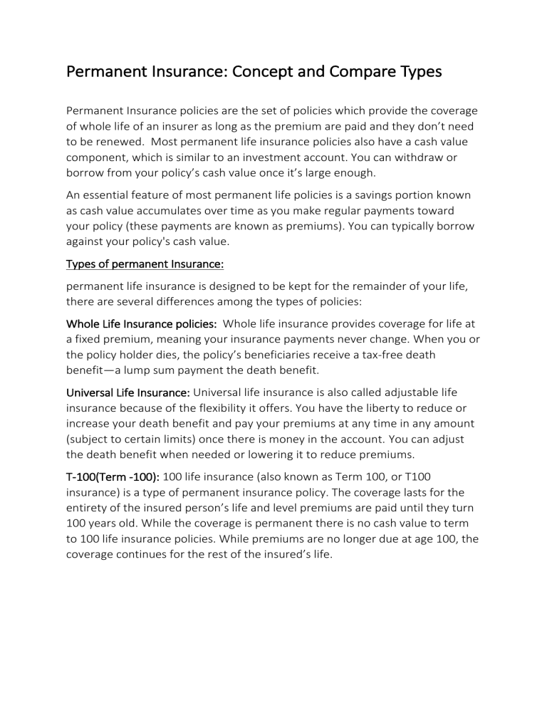 Permanent Insurance and types
