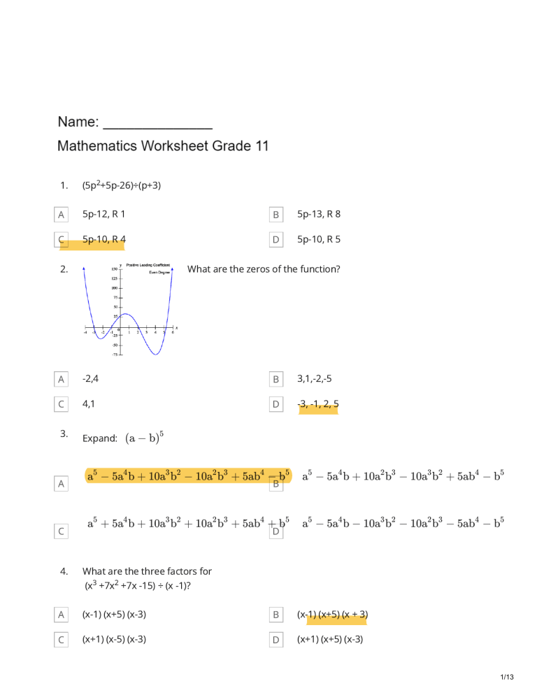 Math Worksheet Grade 11