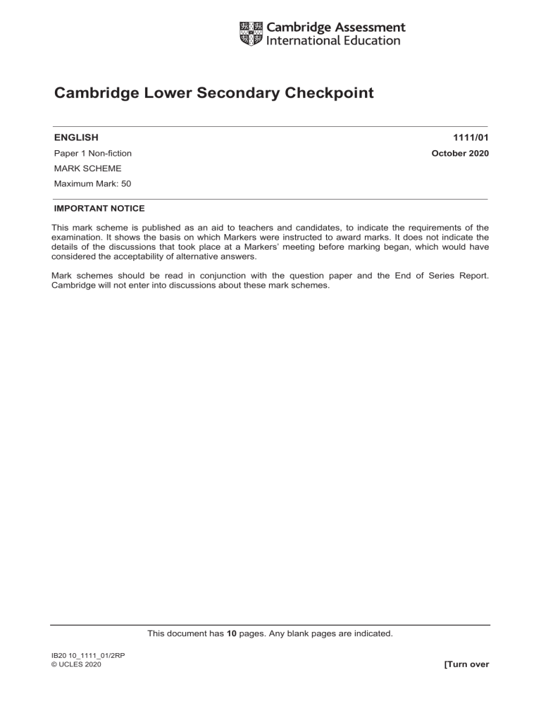 Mark Scheme Cambridge Lower Secondary Checkpoint English