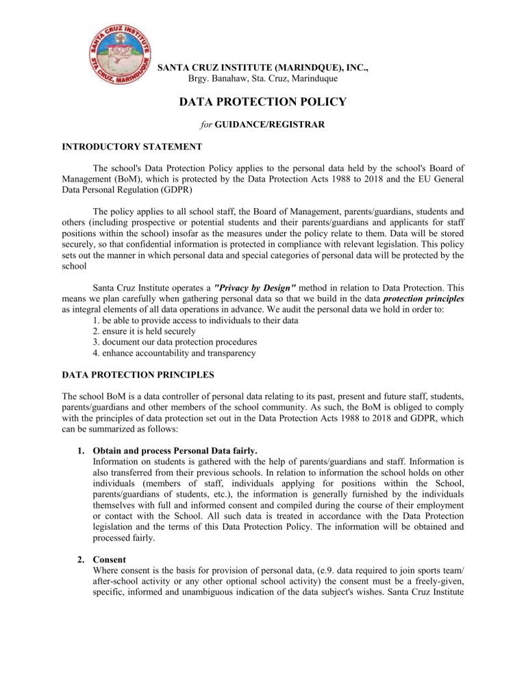 DATA PROTECTION POLICY FOR GUIDANCE AND REGISTRAR