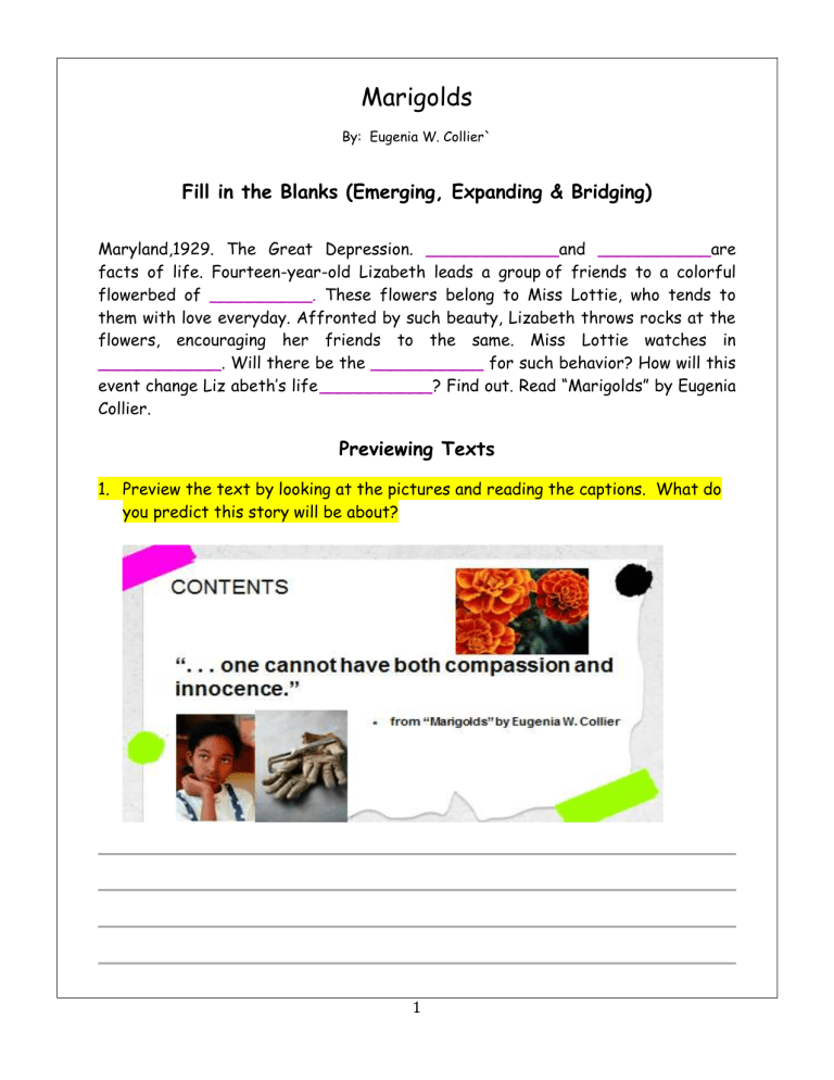9th Grade Marigolds Handouts