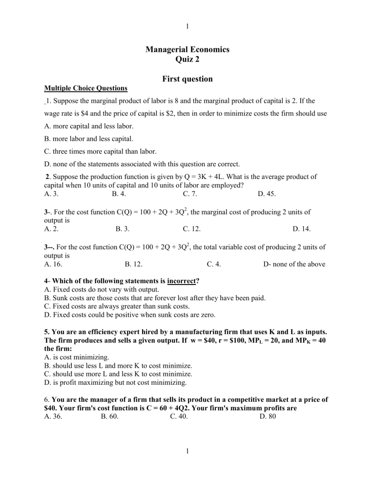 Managerial Economics quaiz 21