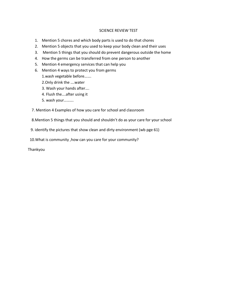 Science Review Test: Elementary School Health & Safety