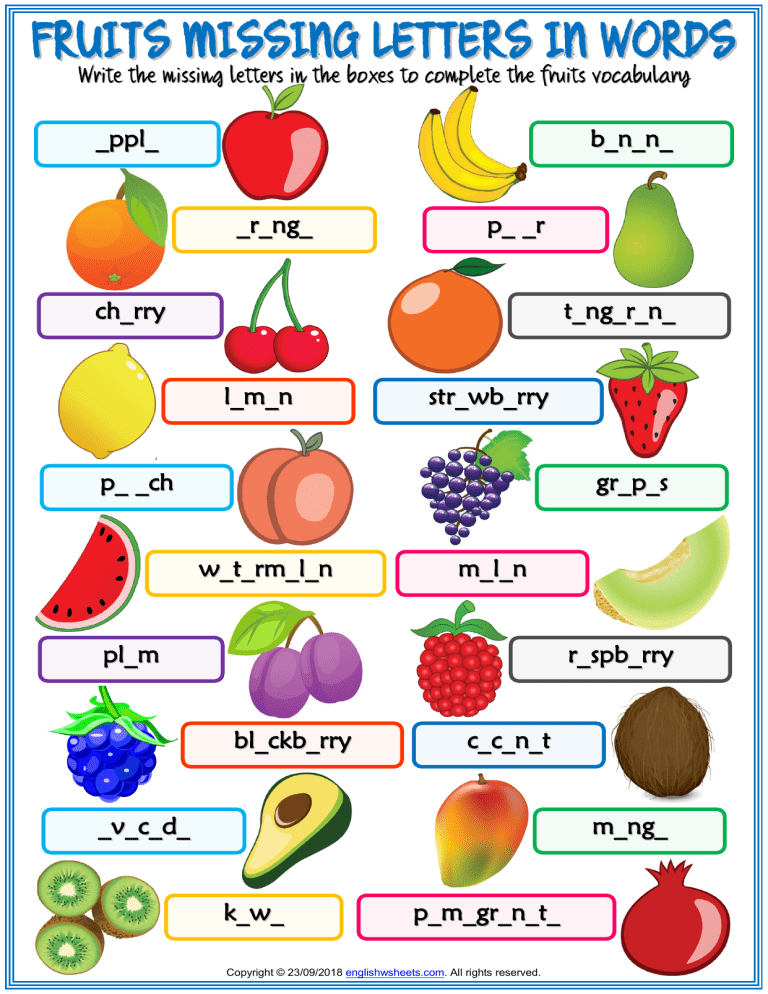 Fruits Missing Letters Worksheet