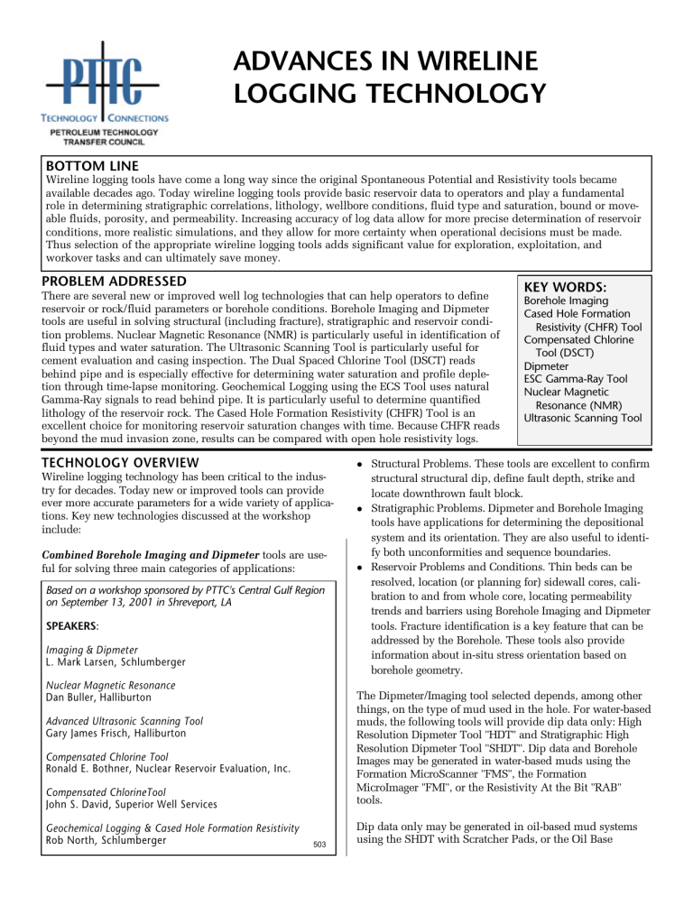 Wireline Logging Technology Advances: Workshop Summary