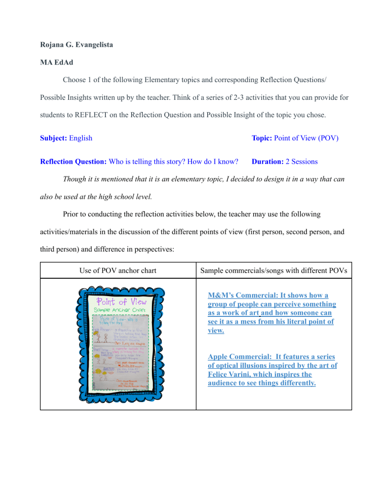 Point of View Lesson Plan: Activities & Reflection