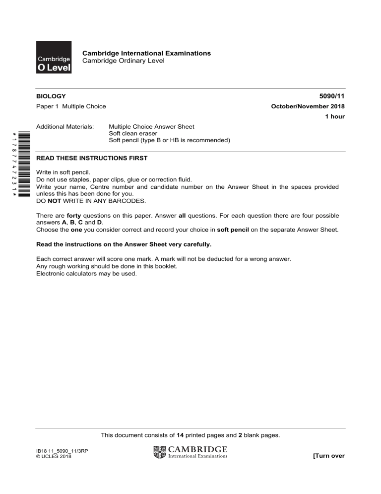 Cambridge O Level Biology Exam Paper 2018