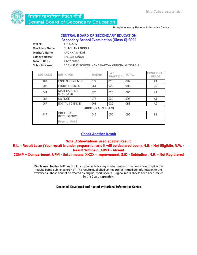 CBSE Class X Marksheet 2022 - Shashank Singh