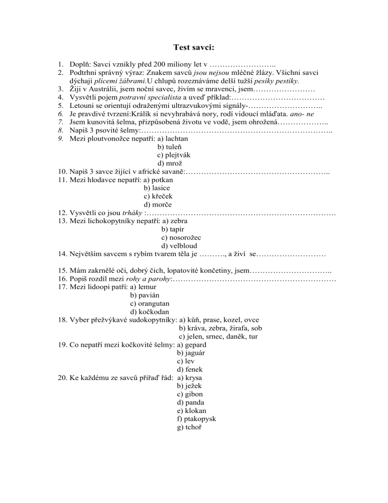 Test savci: Biologický test pre stredné školy
