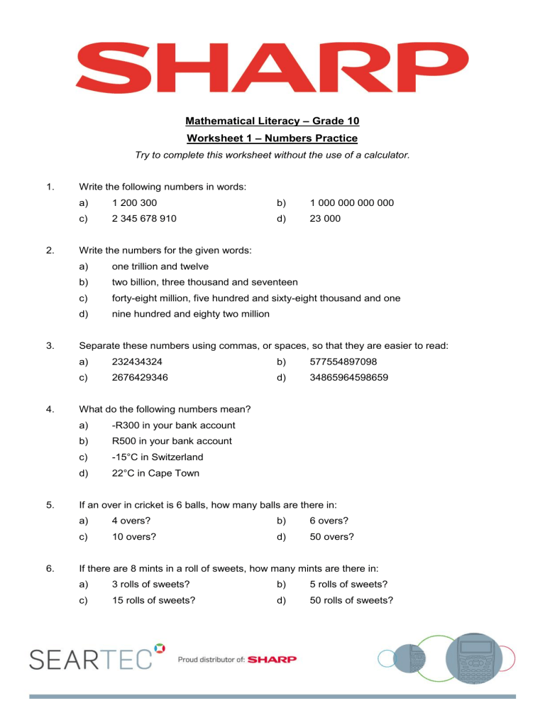 Grade 10 Math Literacy: Numbers Practice Worksheet