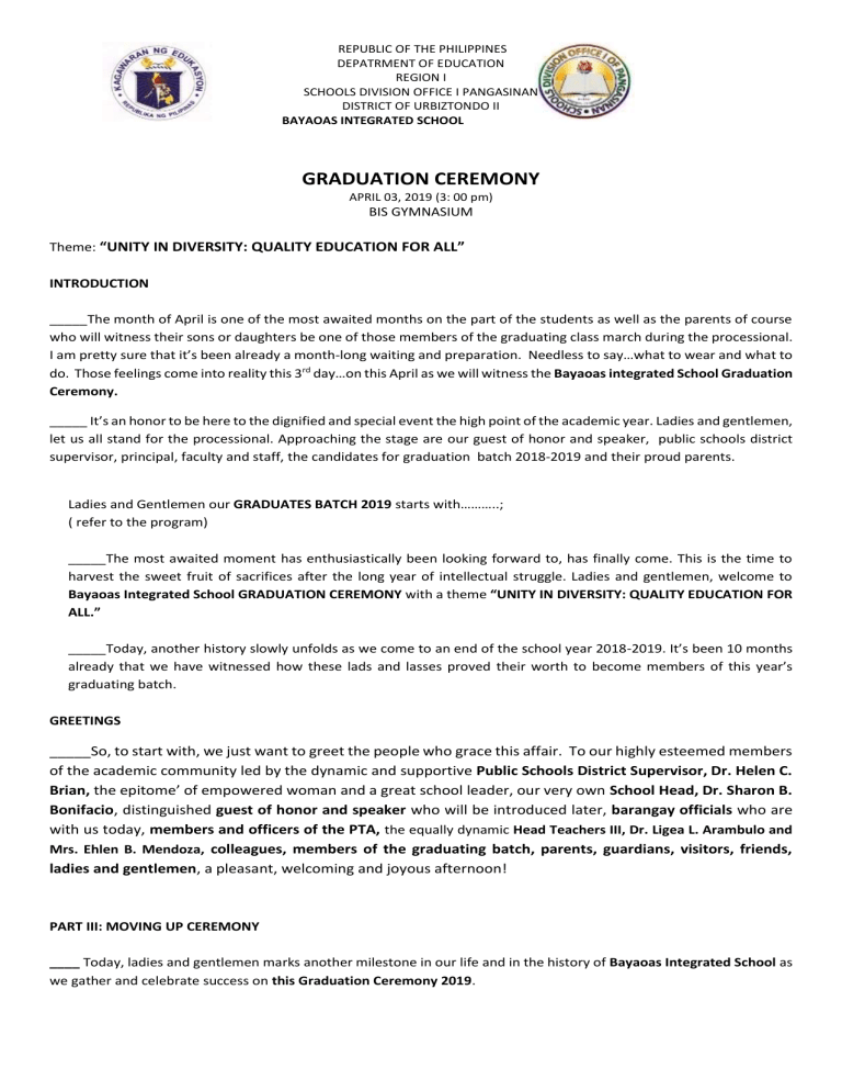Bayaoas Integrated School Graduation Ceremony Program 2019