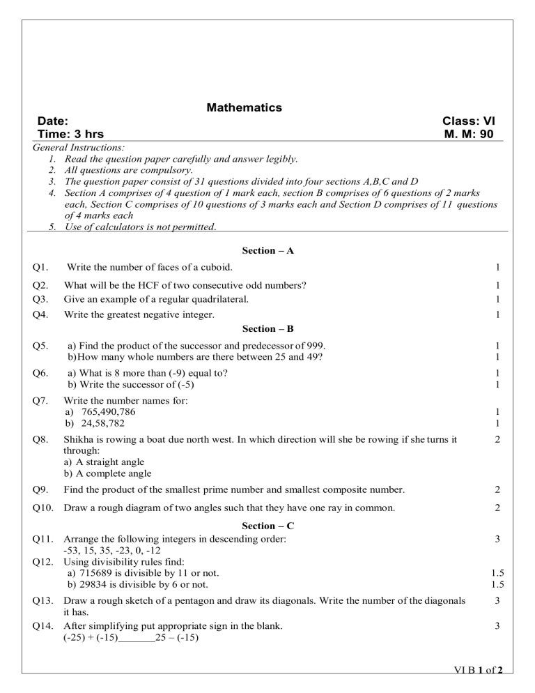 Class VI Mathematics Exam Paper