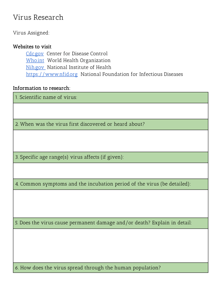 Virus Research Worksheet