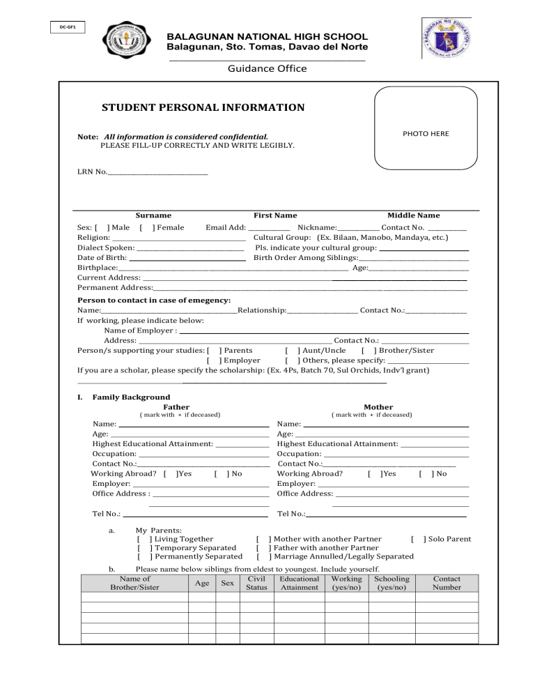 Student Personal Information Form - High School