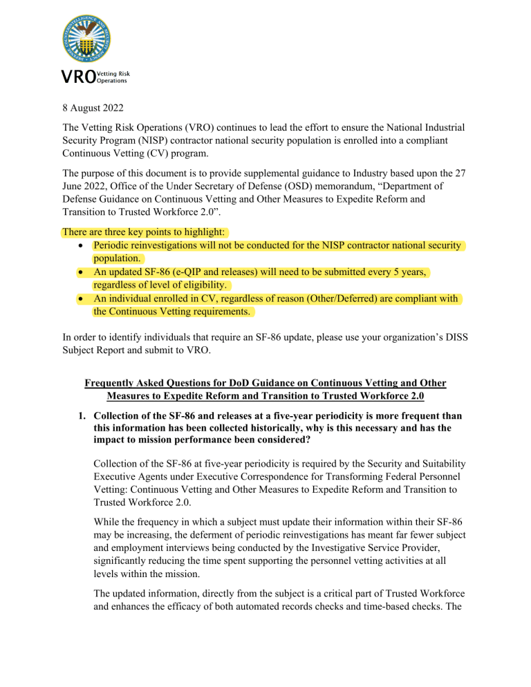 DoD Continuous Vetting Guidance for NISP Contractors