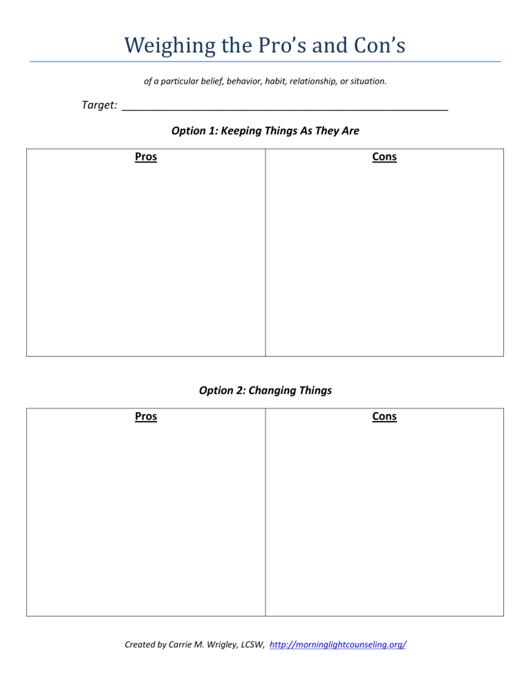 Pros and Cons Worksheet: Decision Making Tool