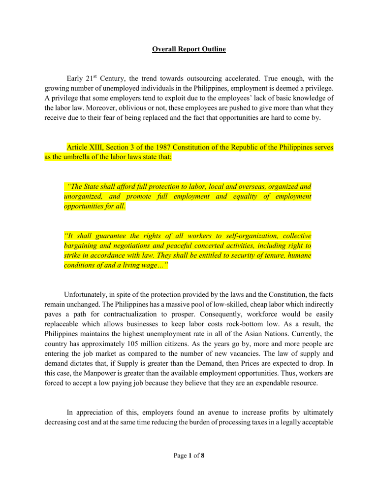 Philippine Labor Issues: Contractualization Report Outline