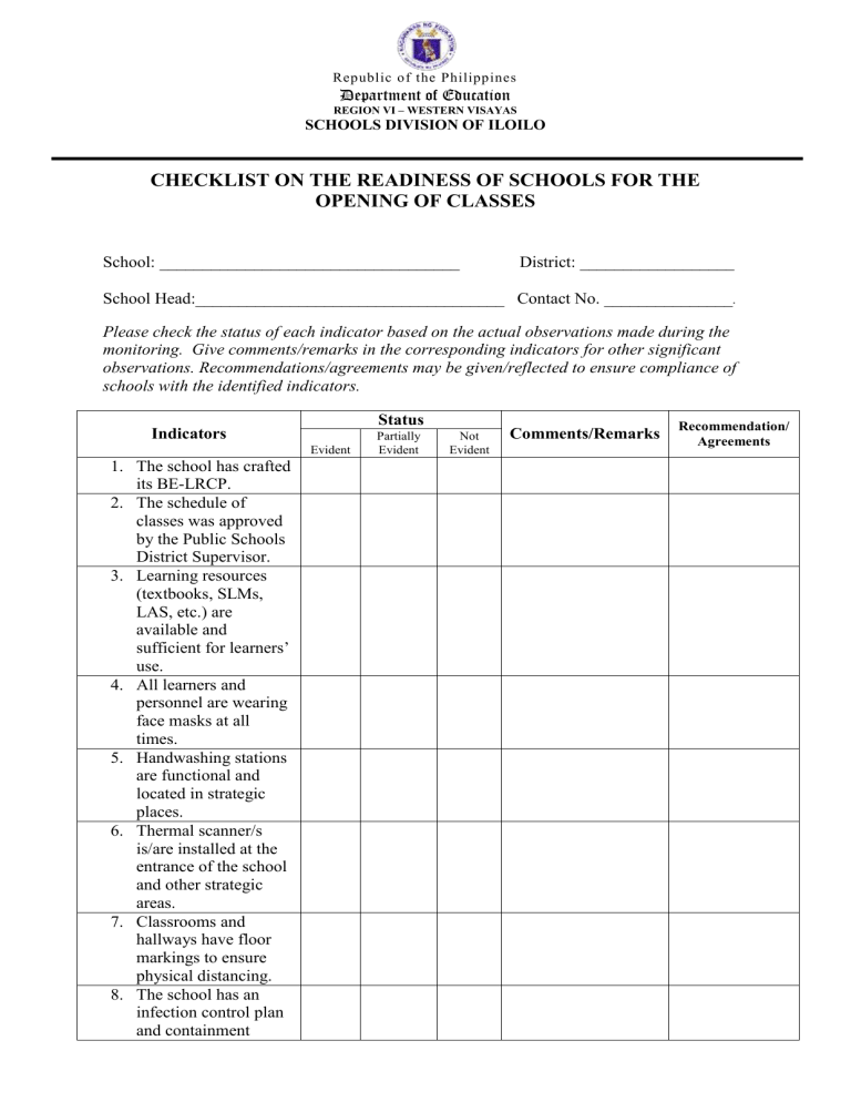 School Readiness Checklist for Class Opening