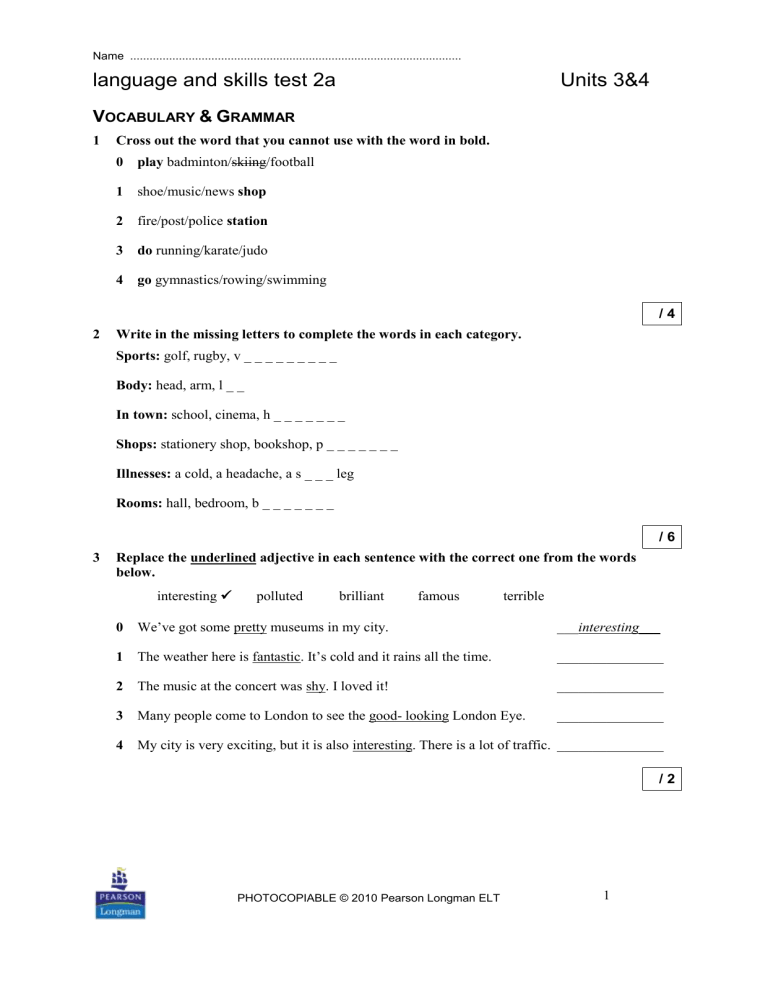 Language Skills Test 2a: Units 3&4 Worksheet