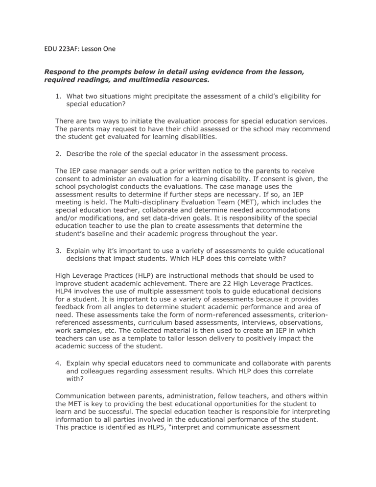 Special Education Assessment Lesson