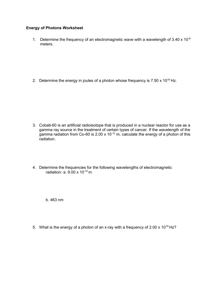 Energy of Photons Worksheet: Practice Problems