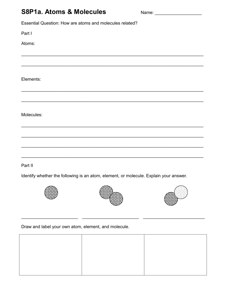 Atoms, Elements, and Molecules Worksheet