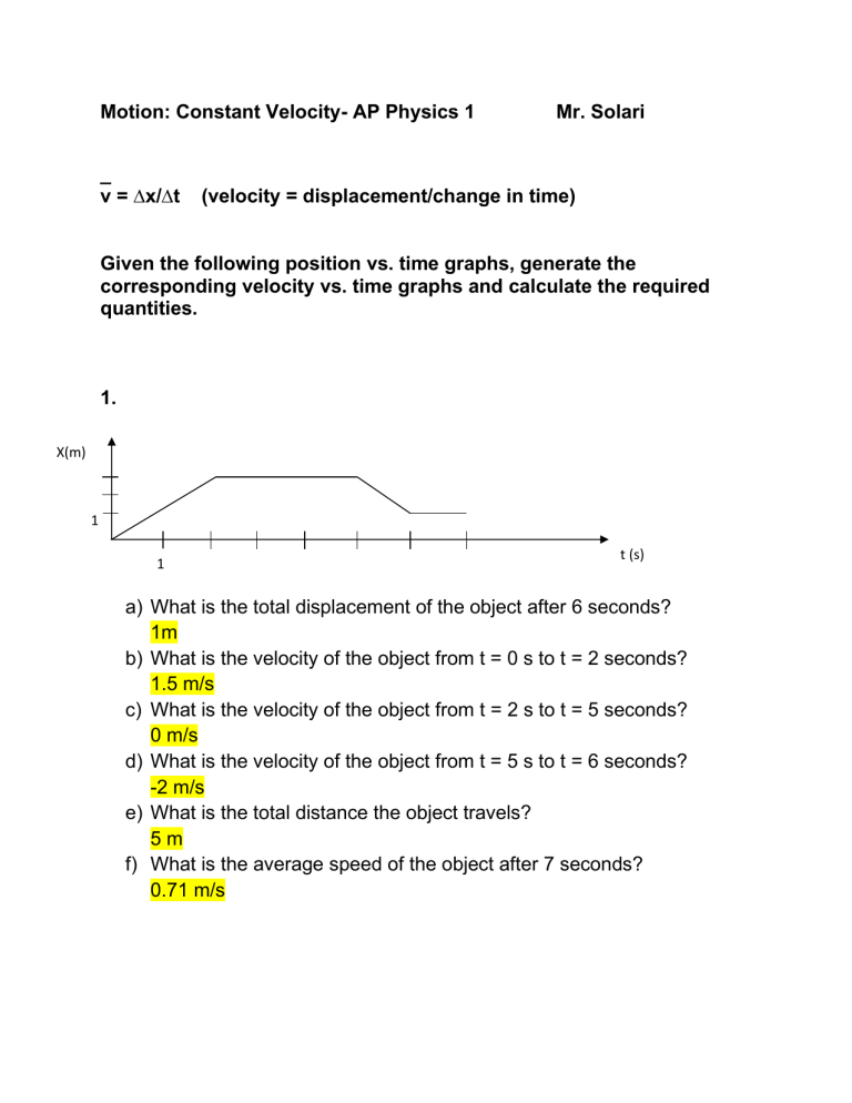 Constant Velocity Physics Worksheet - AP Physics 1