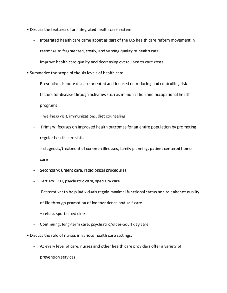 Integrated Healthcare: Systems, Levels, and Nursing Roles