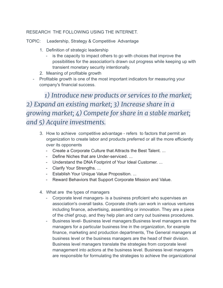 Leadership, Strategy & Competitive Advantage Research