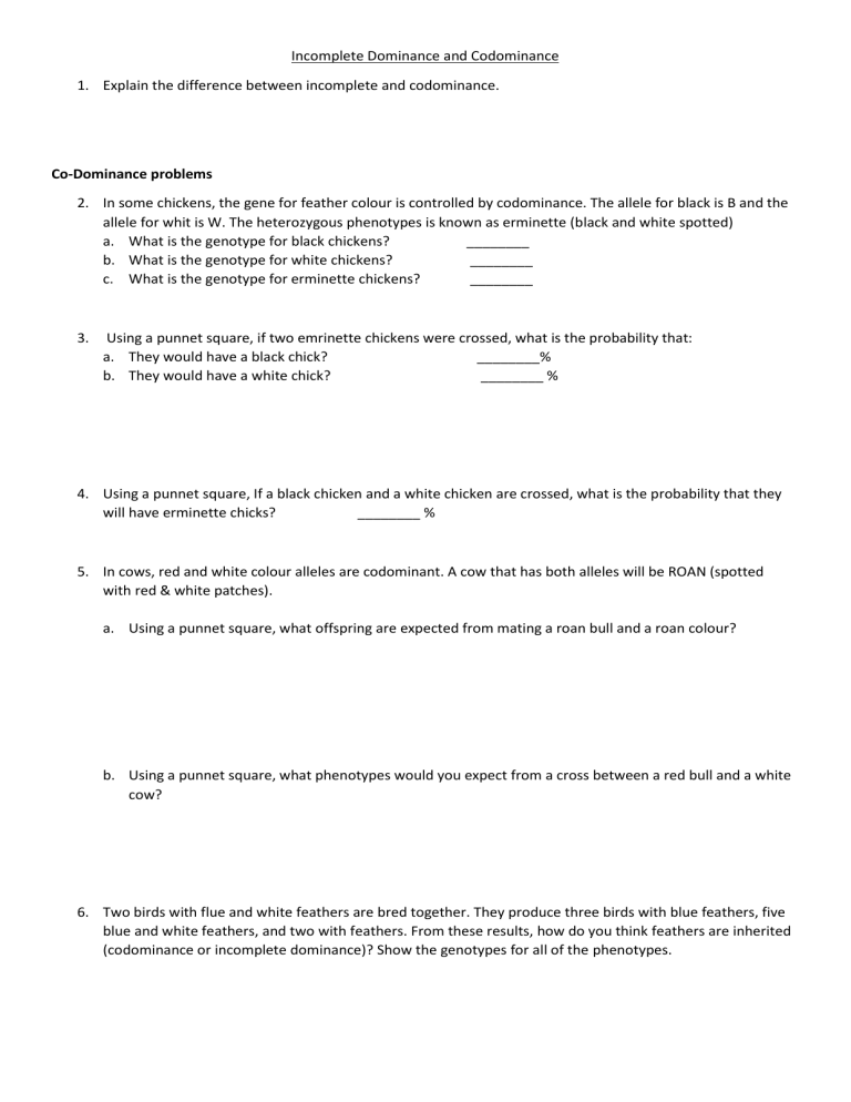 Incomplete & Codominance Genetics Worksheet