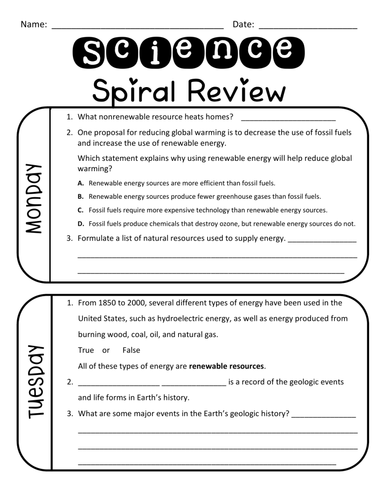 Science Spiral Review Worksheet: Earth Science